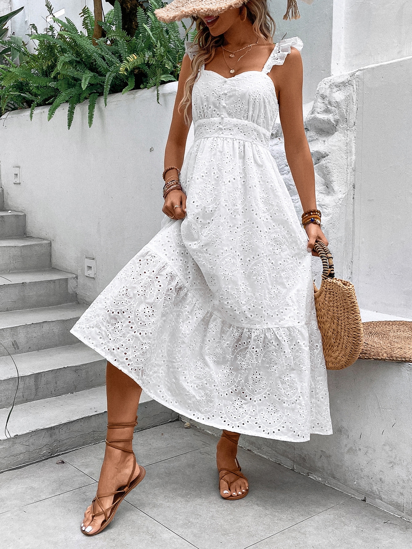 Shein Vcay Eyelet Embroidery Ruffle Hem Dress Shein Uk
