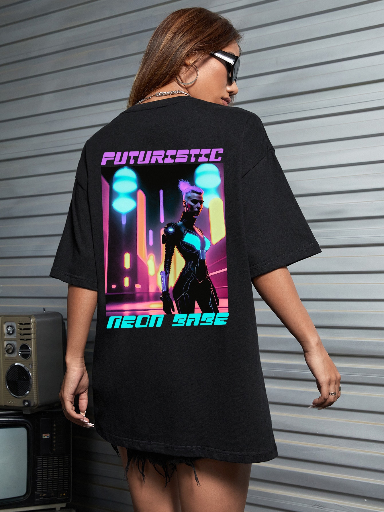 Distorted Dystopia Figure And Letter Graphic Drop Shoulder Oversize Tee