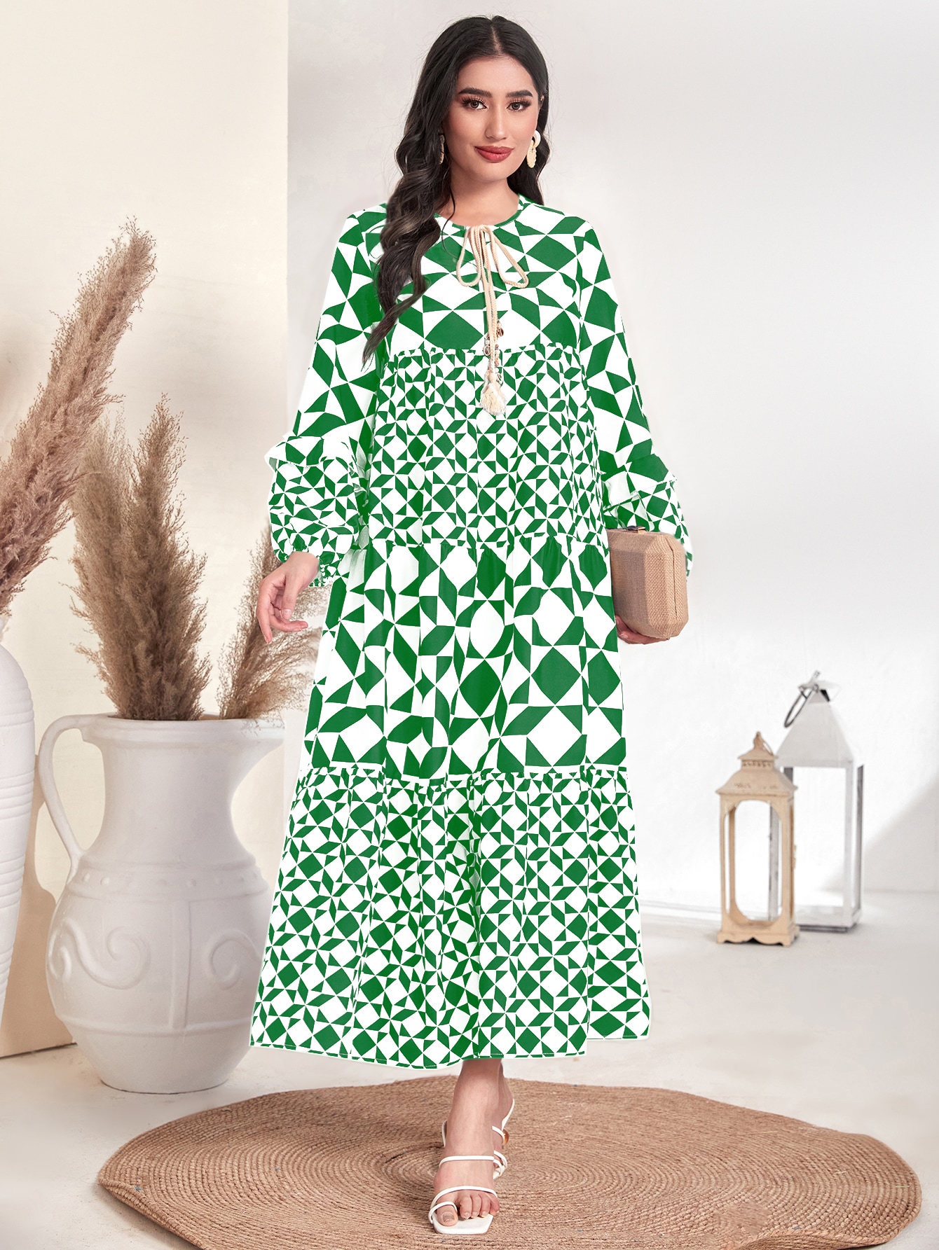 Shein Mulvari Geo Print Tie Neck Lantern Sleeve Ruffle Hem Dress