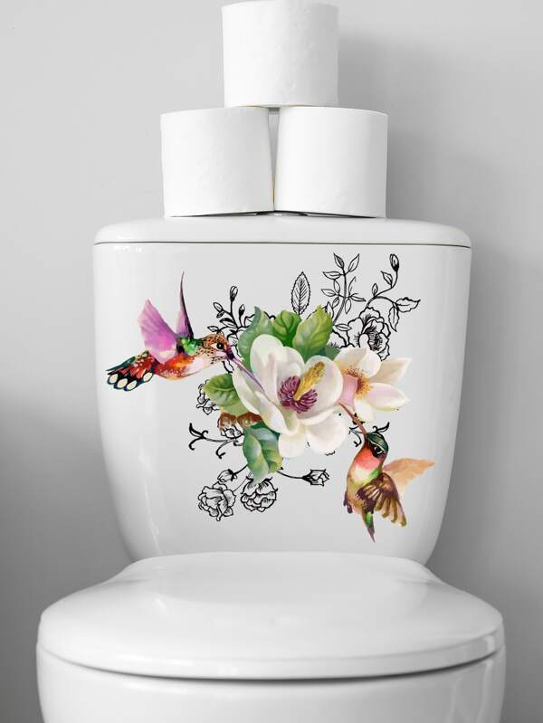 1pc Pvc Toilet Lid Decal Bird And Floral Pattern Toilet Stool Commode