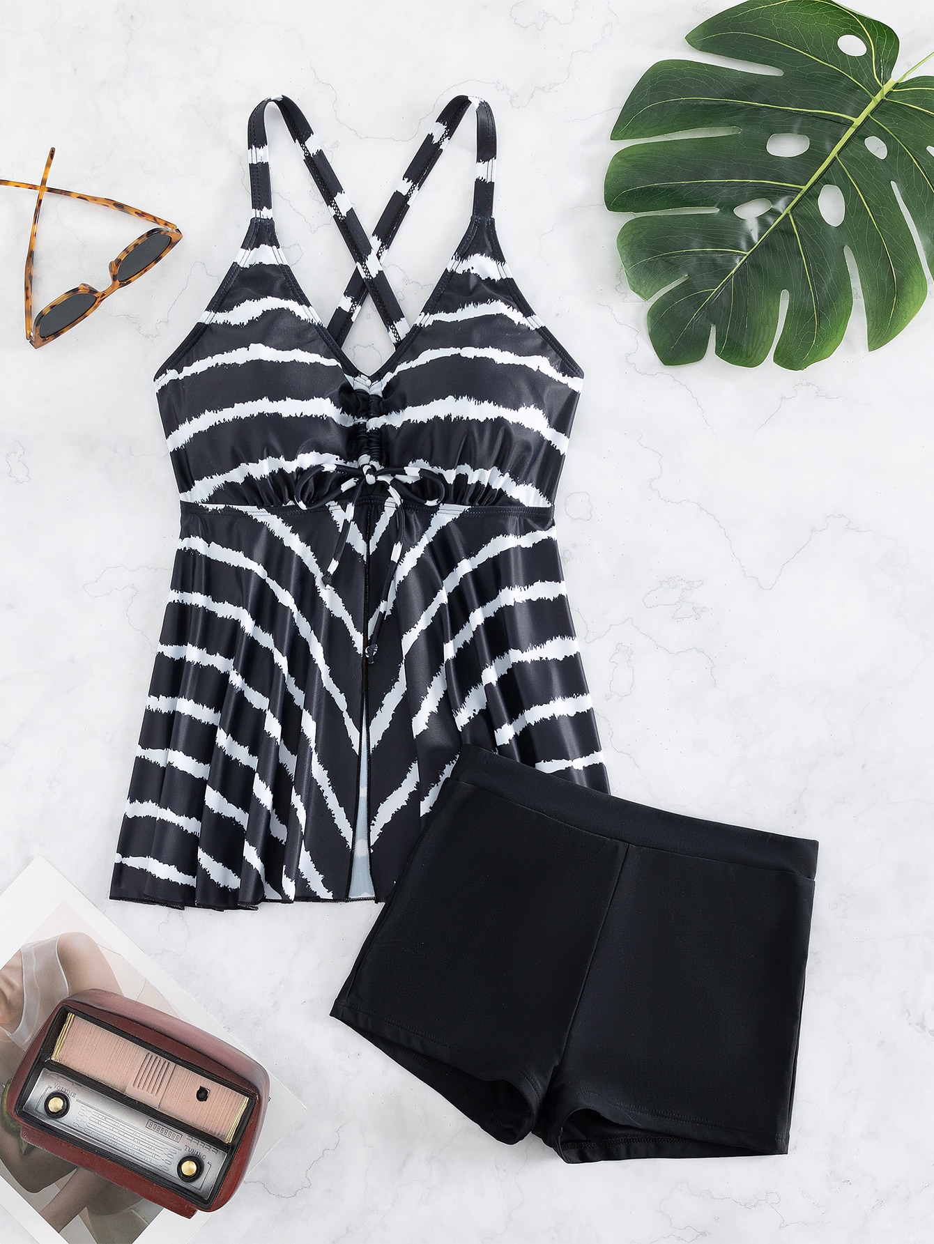 SHEIN Swim Classy Tie Dye Striped Tankini Set Ruched Criss Cross Swim ...