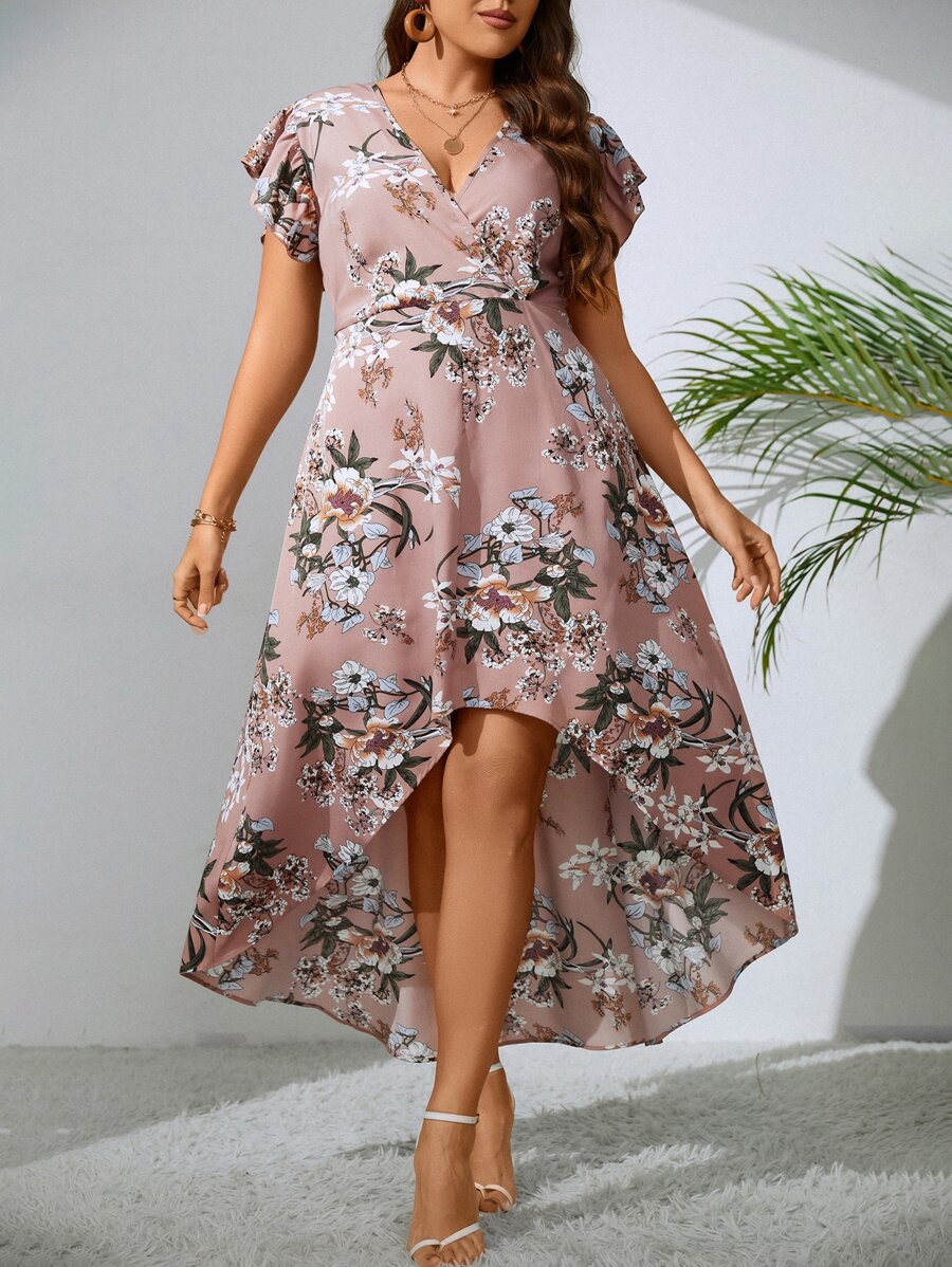 SHEIN Clasi Plus Floral Print Butterfly Sleeve High Low Hem Dress | SHEIN USA
