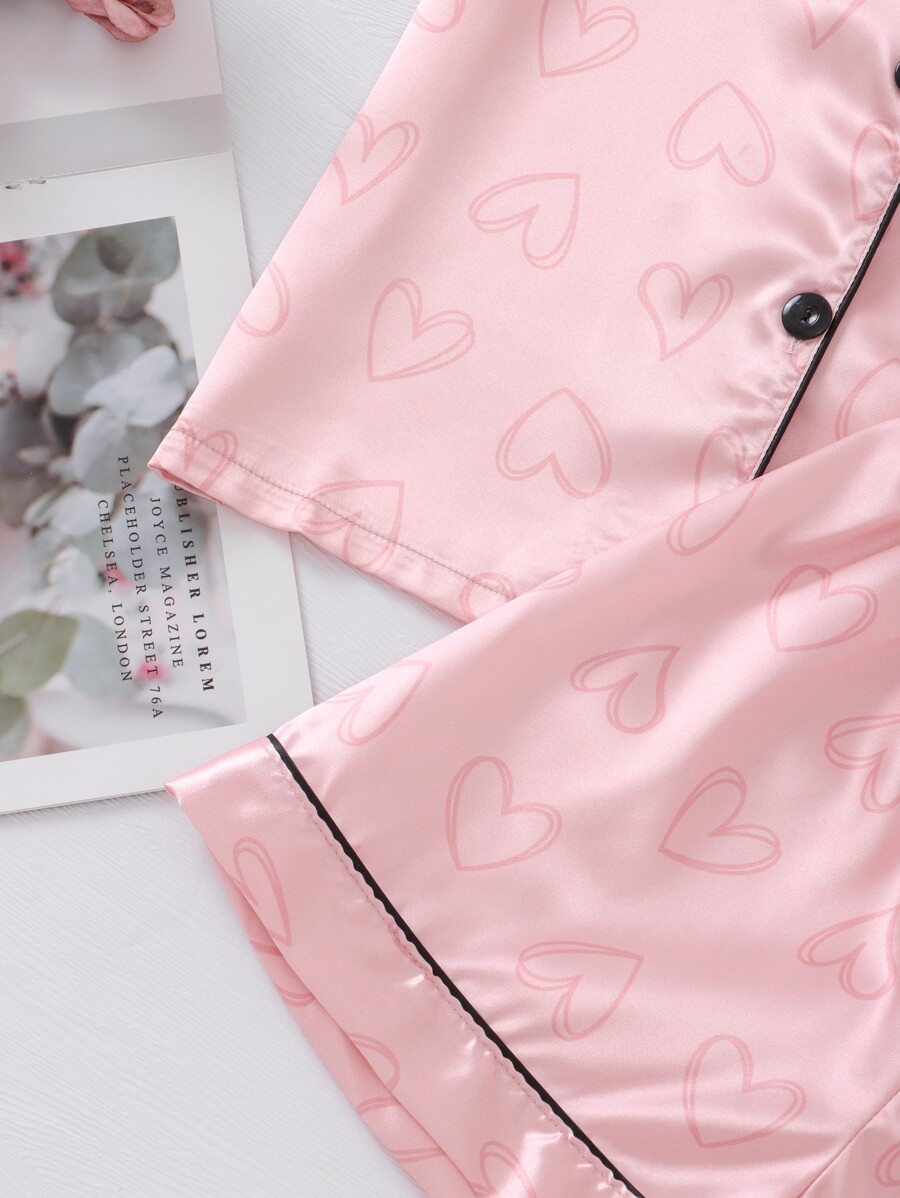 SHEIN Tween Girl Heart Print Contrast Piping Satin PJ Set | SHEIN UK