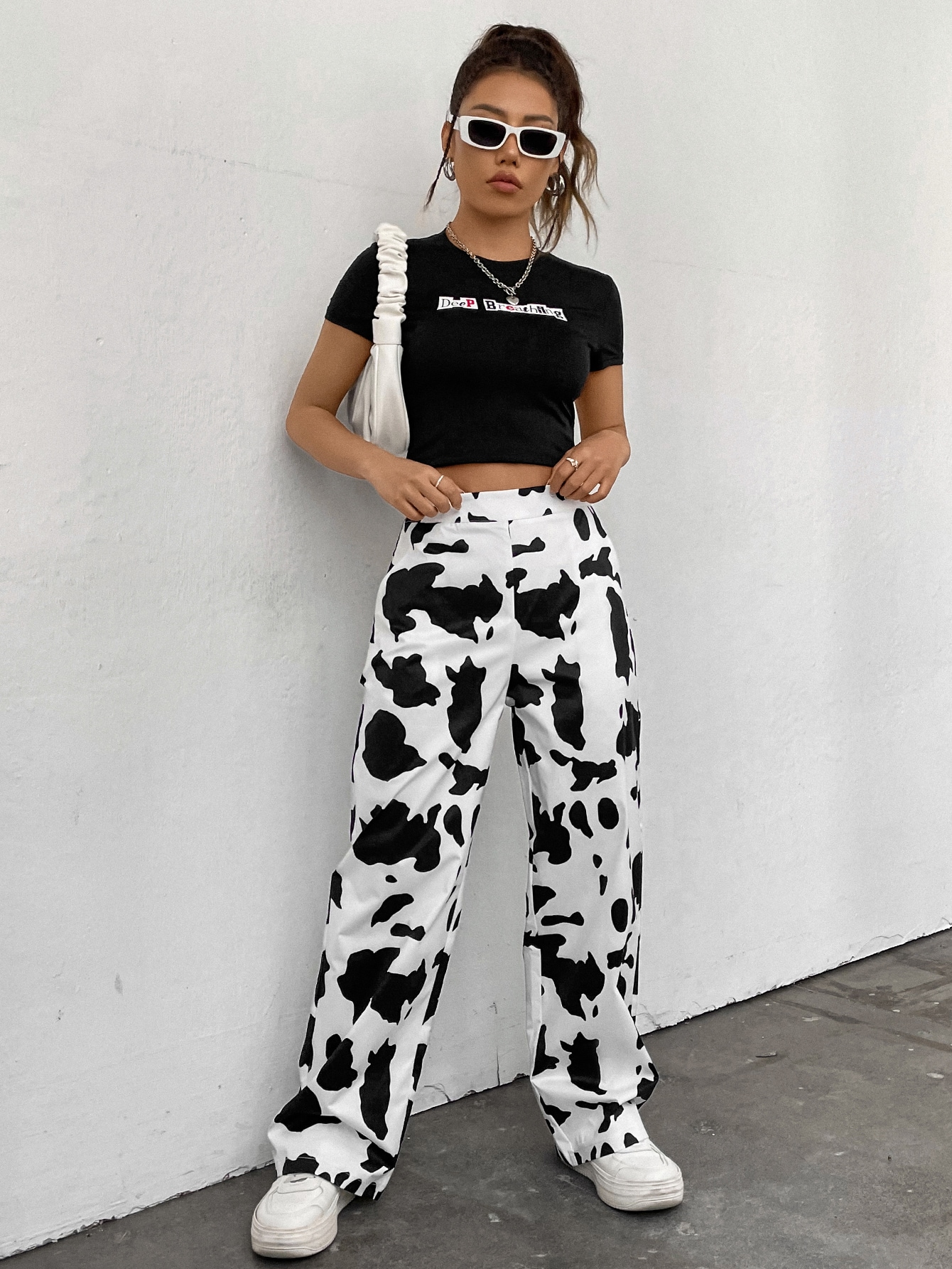 SHEIN EZwear Cow Print Straight Leg Trousers | SHEIN UK