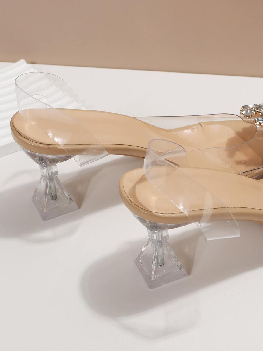 Women Rhinestone Decor Slingback Peep Toe Clear Pyramid Heeled Pumps ...