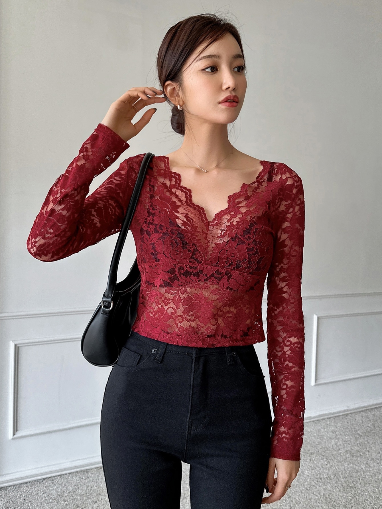 DAZY Solid Sheer Lace Blouse Without Bra | SHEIN USA