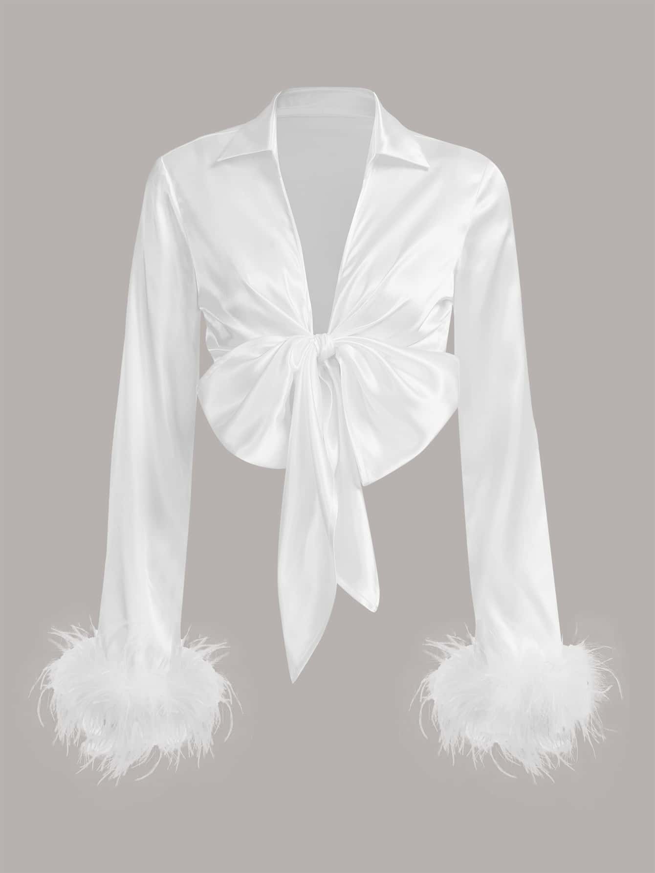 SHEIN ICON Fuzzy Cuff Knot Front Crop Satin Shirt | SHEIN USA