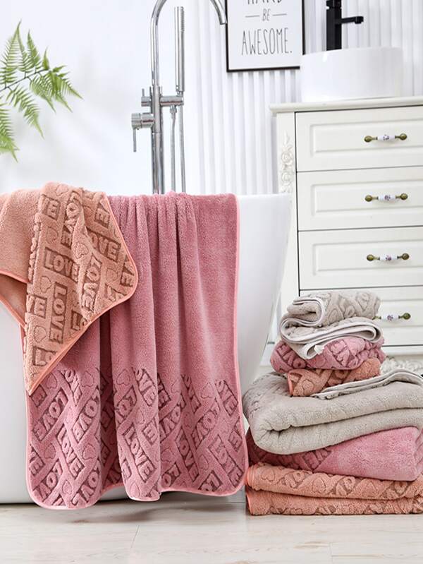 1pc Pink Bath Towel Or Towel, Modern Microfiber Letter Detail Towel For ...