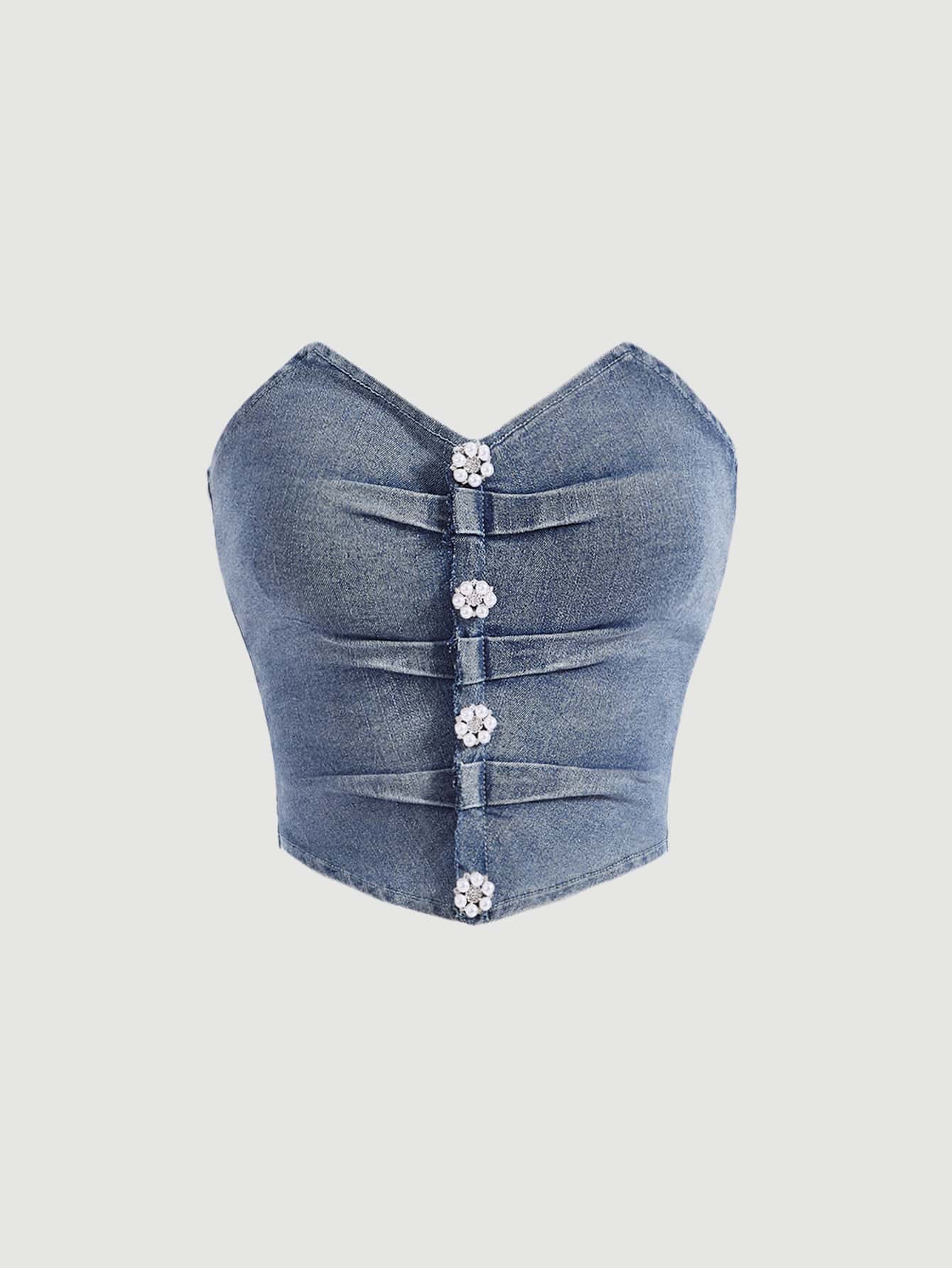 SHEIN MOD Rhinestone and Pearls Front Ruched Denim Tube Top | SHEIN USA