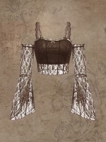 ROMWE Fairycore Contrast Lace Cold Shoulder Top | SHEIN USA