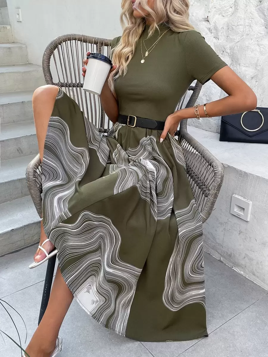 EMERY ROSE Graphic Print Mock Neck A-Line Dress Without Belt Maxi Women ...