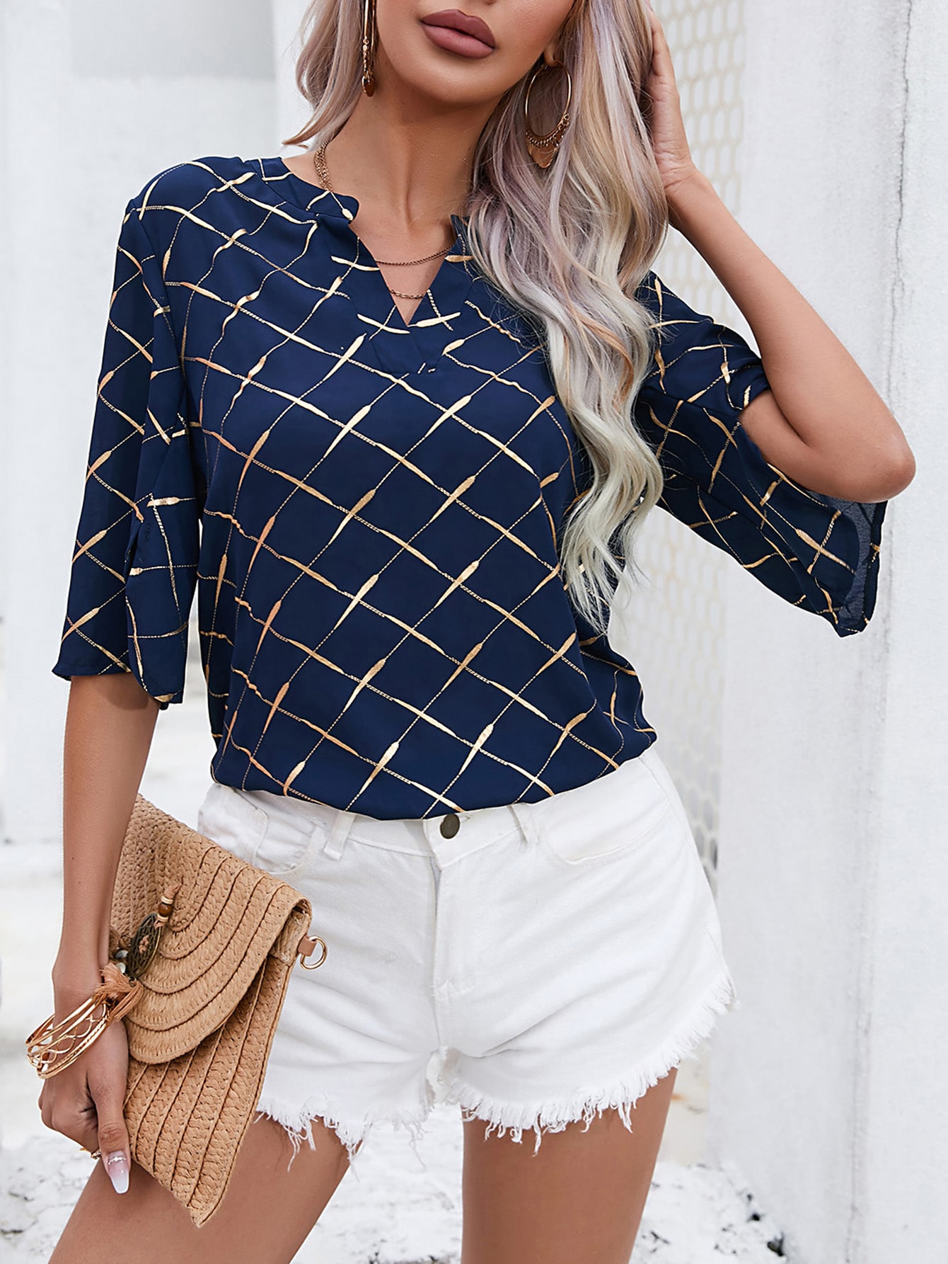 SHEIN LUNE Gold Argyle Print Notched Neckline Split Sleeve Blouse ...