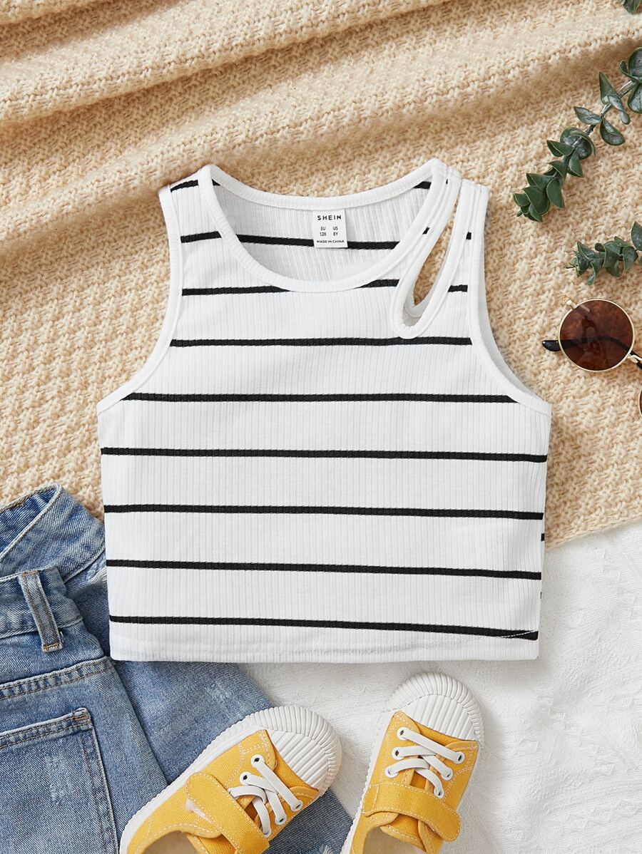 SHEIN Tween Girl Knitted Fitted Striped Design Hollow Out Tank Top With ...