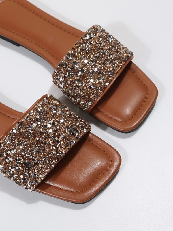 Women Sequin Decor Single Band Flat Sandals, Glamorous Slide Sandals ...