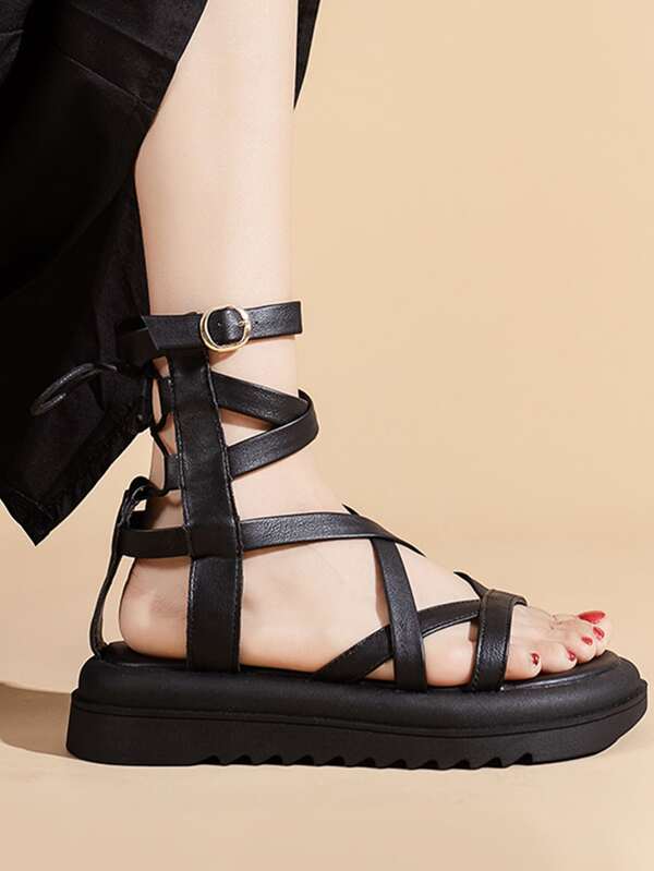 Women Criss Cross Tie Back Zip Side Flatform Gladiator Sandals ...