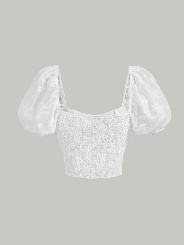 Shein Mod Jacquard Tie Front Puff Sleeve Blouse Shein Usa
