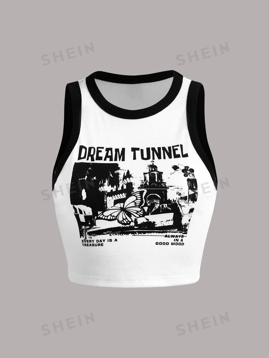 Shein Ezwear Slogan And Butterfly Print Contrast Binding Crop Tank Top