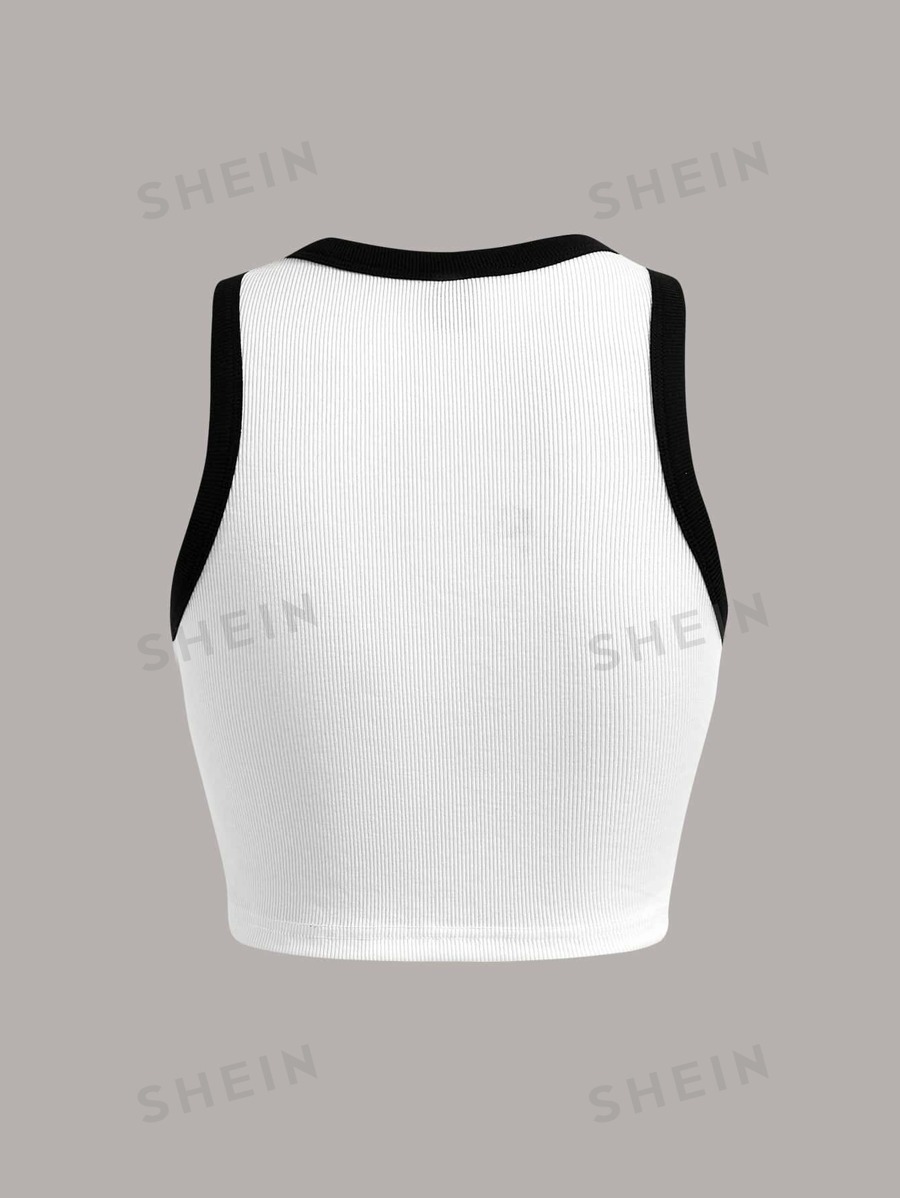 Shein Ezwear Slogan And Butterfly Print Contrast Binding Crop Tank Top