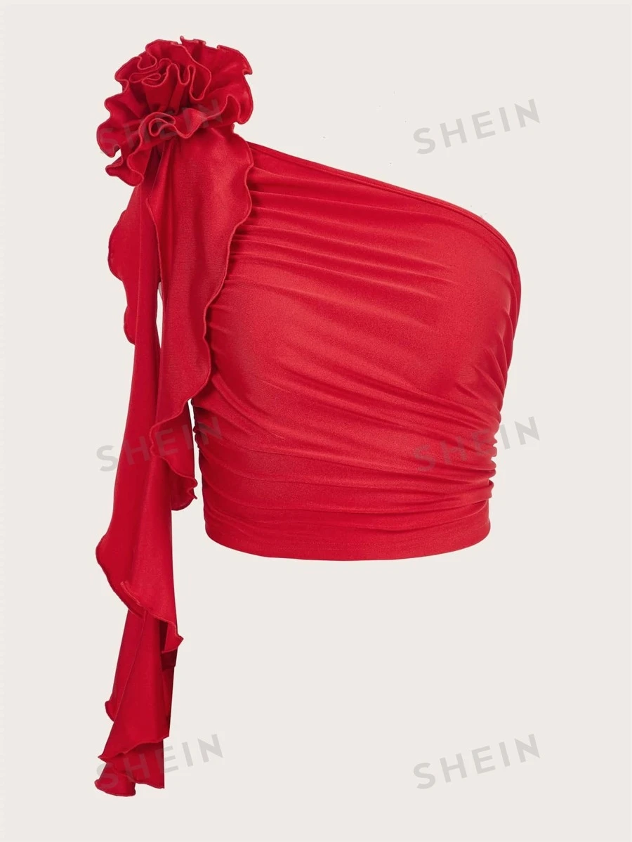 SHEIN ICON 3D Rosette One Shoulder Ruffle Trim Ruched Crop Red Top | SHEIN