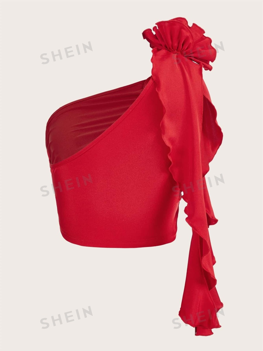 SHEIN ICON 3D Rosette One Shoulder Ruffle Trim Ruched Crop Red Top ...