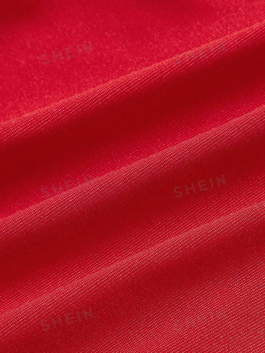 SHEIN ICON 3D Rosette One Shoulder Ruffle Trim Ruched Crop Red Top ...