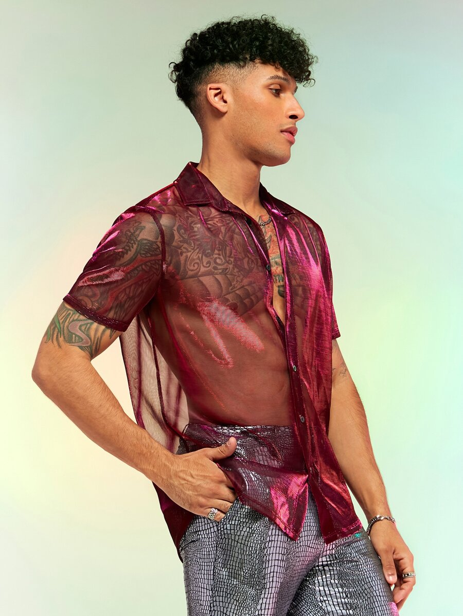 Manfinity RebelGame Men Solid Button Front Mesh Shirt | SHEIN USA