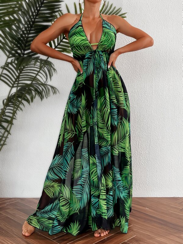 SHEIN Swim Vcay Tropical Print Tie Front Halter Neck Backless Kimono ...