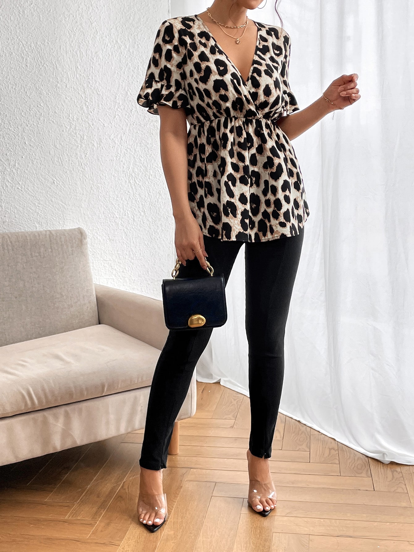 SHEIN Privé Leopard Print Flounce Sleeve Peplum Blouse | SHEIN USA