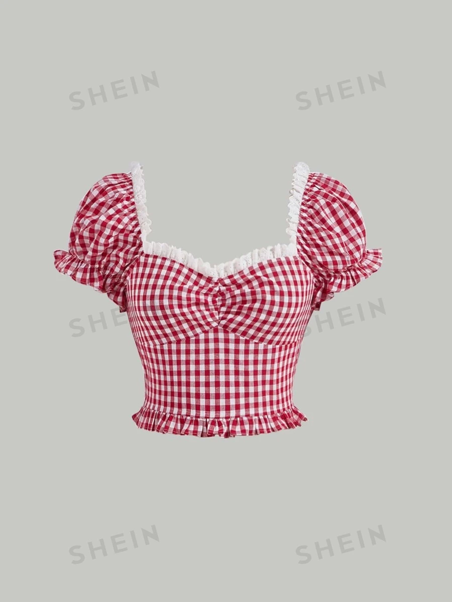 SHEIN MOD Gingham Print Ruched Bust Frill Trim Crop Top | SHEIN USA