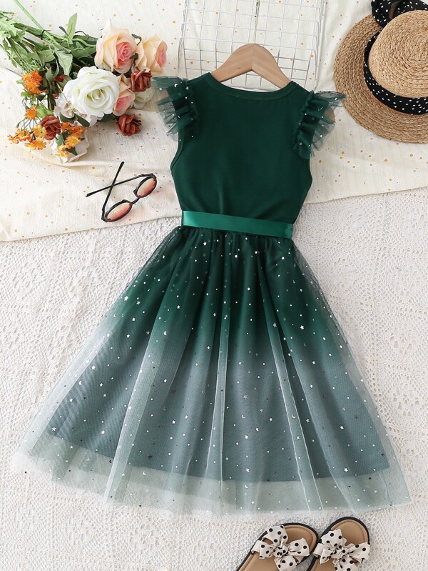 SHEIN Kids CHARMNG Girls Star & Moon Patched Contrast Mesh Ruffle Trim ...