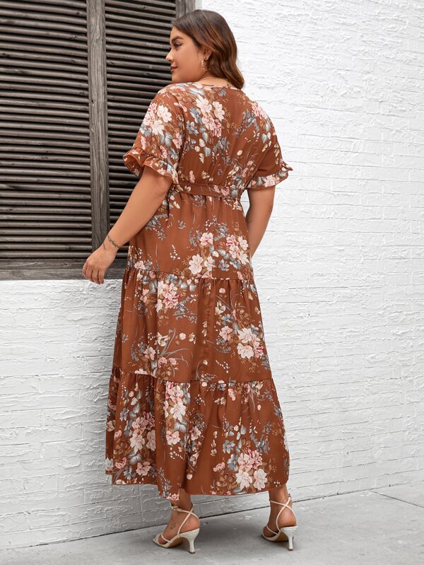 SHEIN VCAY Plus Floral Print Flounce Sleeve Ruffle Hem Belted Dress | SHEIN USA