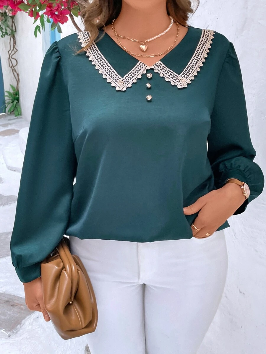 SHEIN Clasi Plus Guipure Lace Trim Peter Pan Collar Lantern Sleeve ...