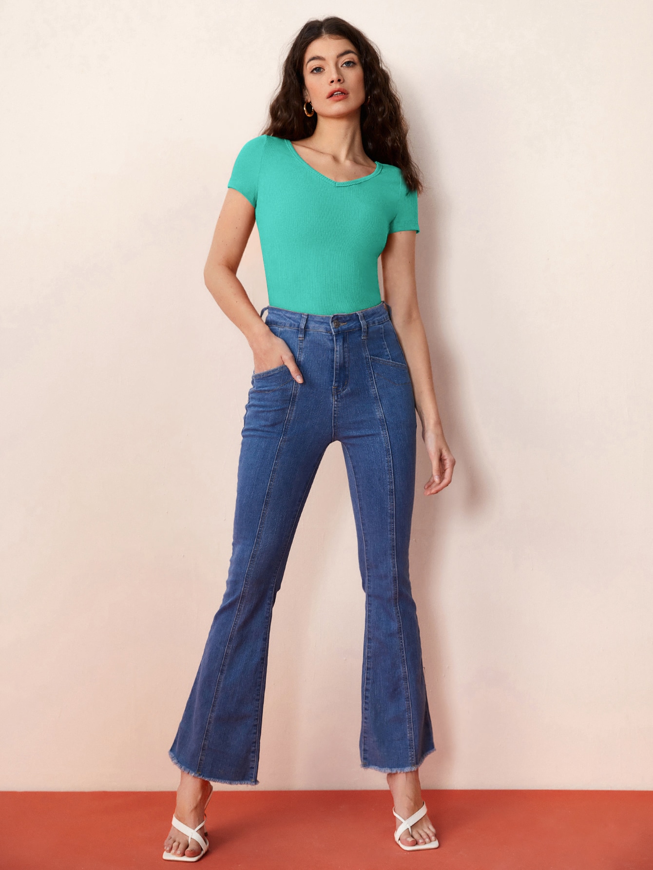 SHEIN BASICS Cotton V-neck Rib-knit Solid Tee | SHEIN UK