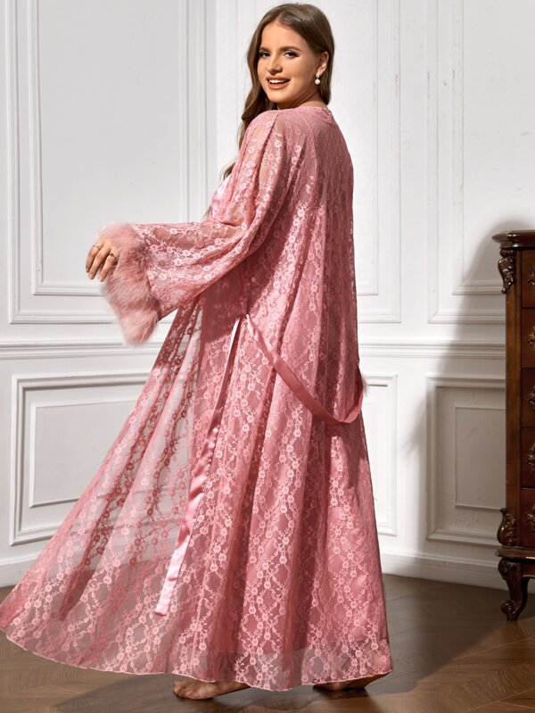 Plus Fuzzy Cuff Belted Lace Robe & Satin Cami Dress Set | SHEIN USA