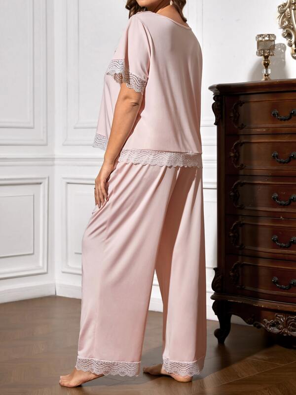 Plus Contrast Lace Ruffle Trim PJ Set | SHEIN USA