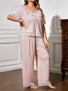 Plus Contrast Lace Ruffle Trim PJ Set | SHEIN USA