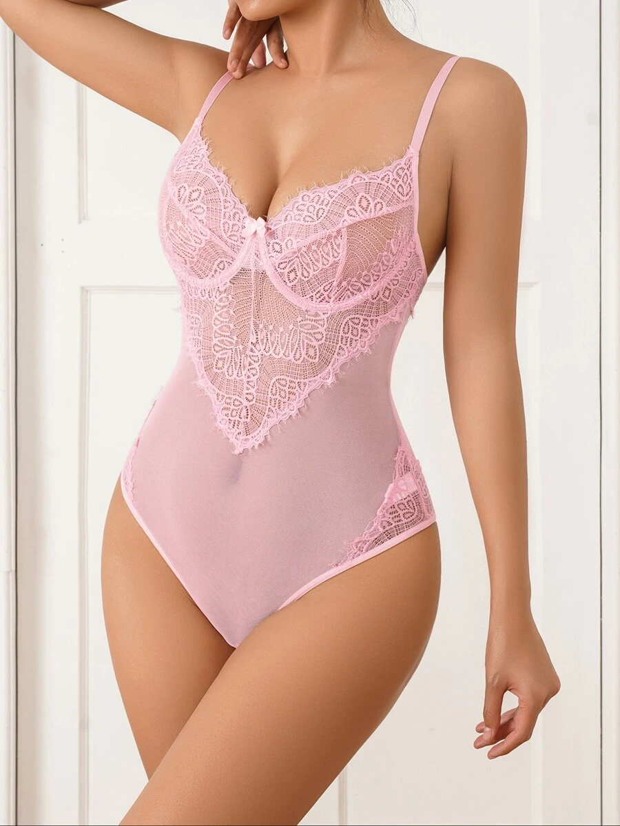 Contrast Lace Mesh Underwire Teddy Bodysuit | SHEIN USA