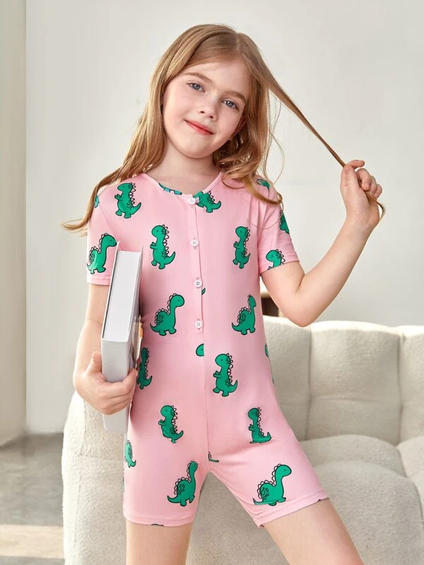 SHEIN Tween Girls' Casual V-Neck Cartoon Dinosaur Print Pajamas For ...