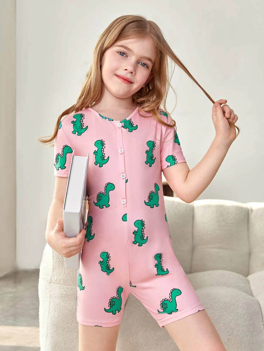 SHEIN Tween Girls' Casual V-Neck Cartoon Dinosaur Print Pajamas For ...