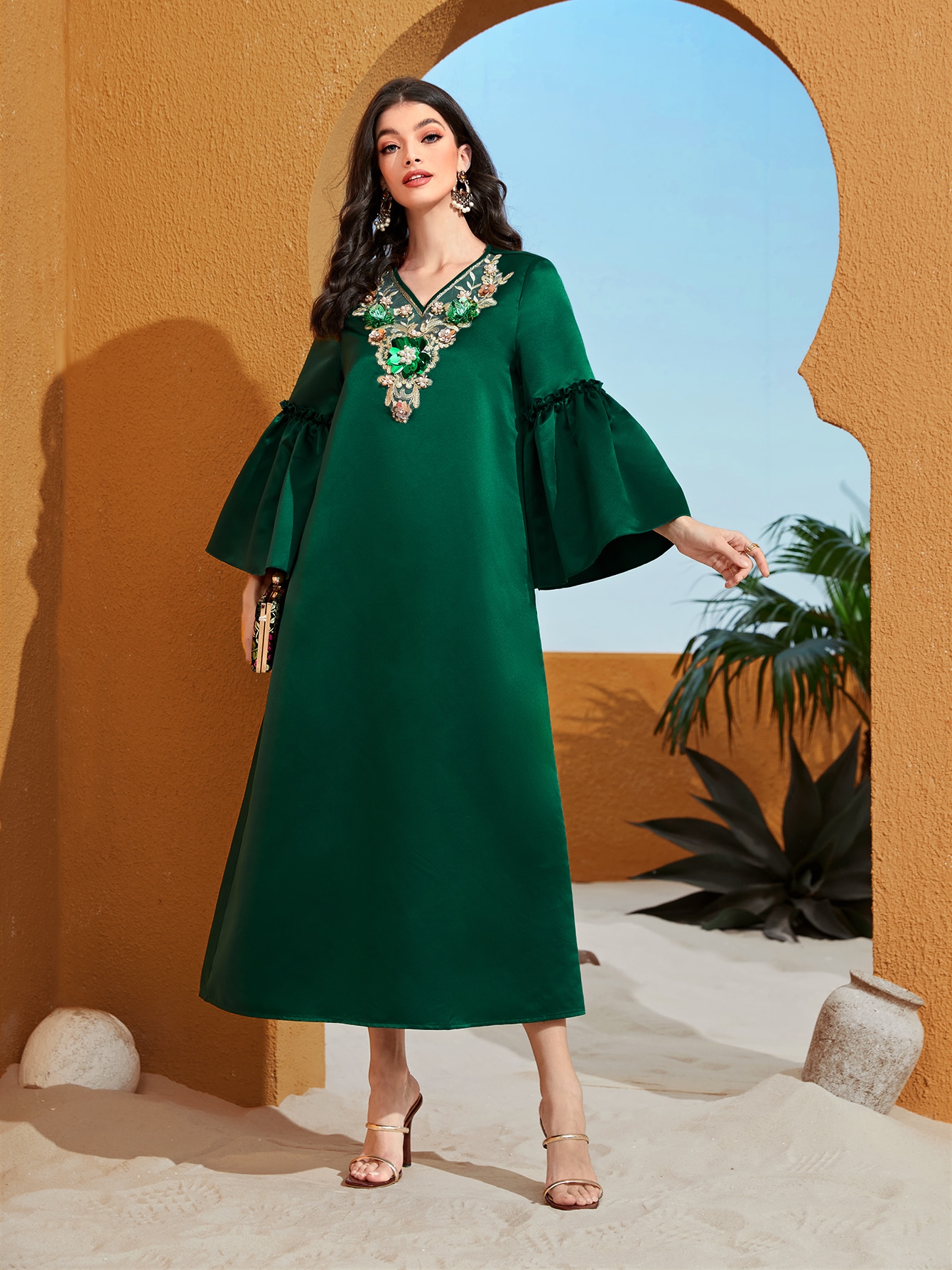 Shein Najma Sequin Floral Appliques Flounce Sleeve Frill Trim Dress
