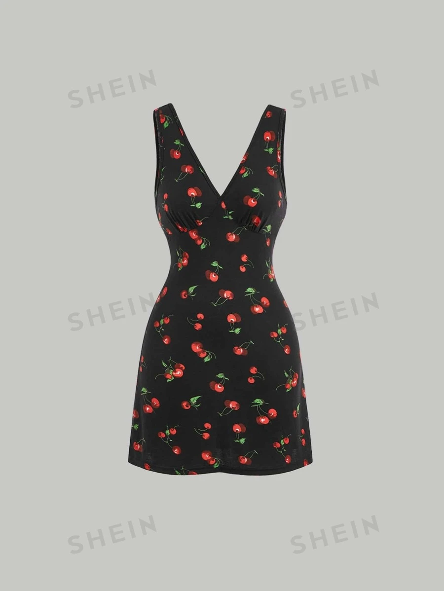 SHEIN MOD Cherry Print V Neck Dress | SHEIN UK