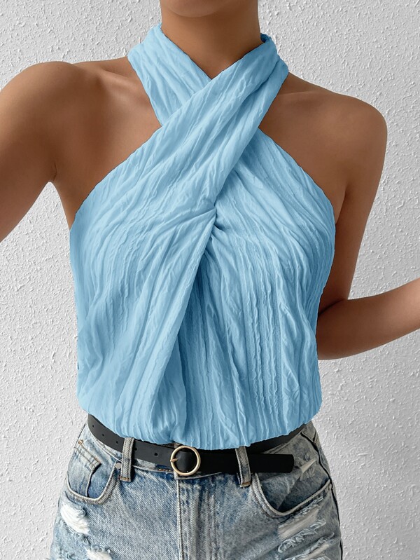 Solid Criss Cross Halter Neck Backless Halter Top | SHEIN USA