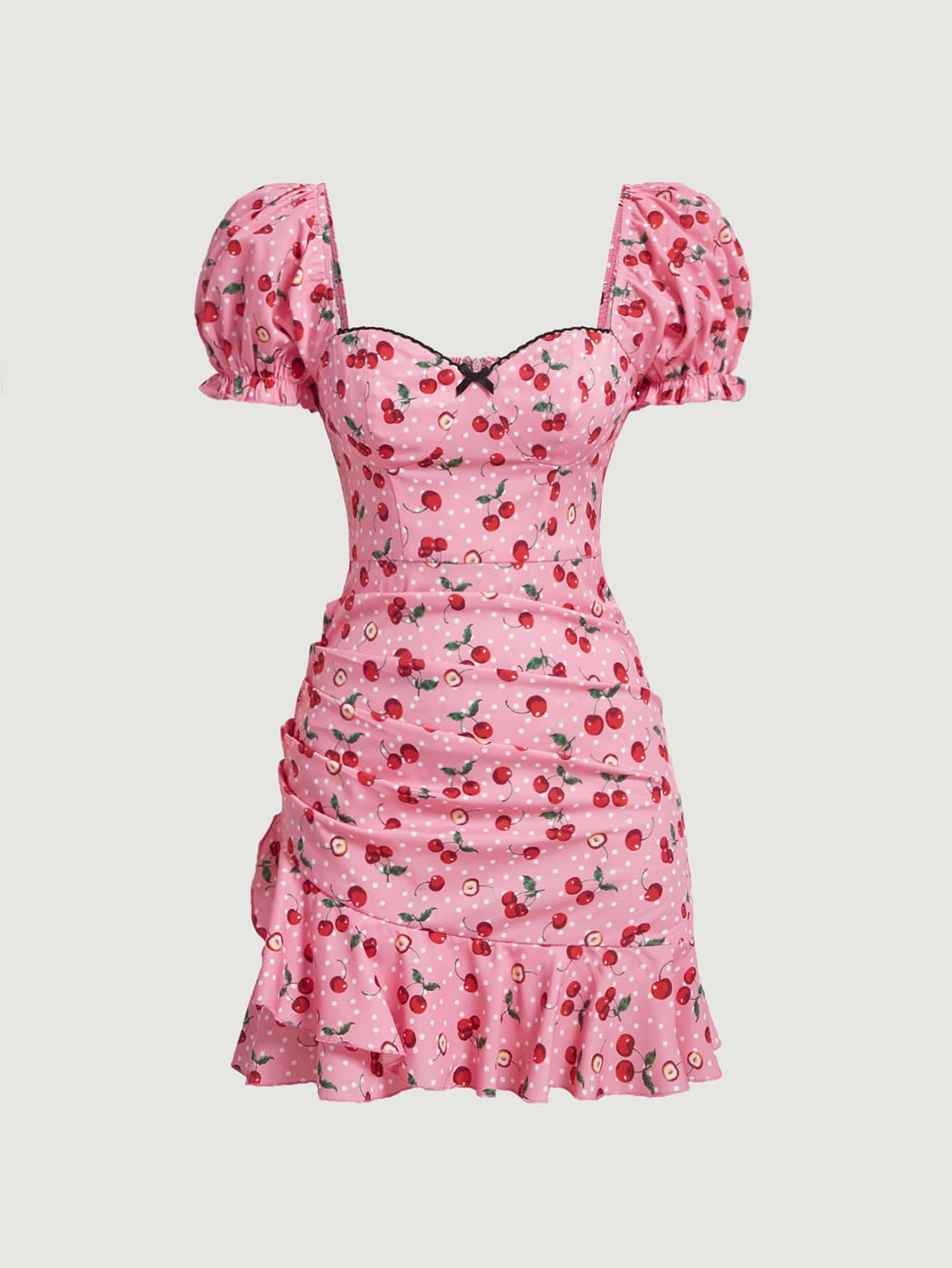 SHEIN MOD Cherry Print Sweetheart Neck Puff Sleeve Ruffle Hem Dress ...