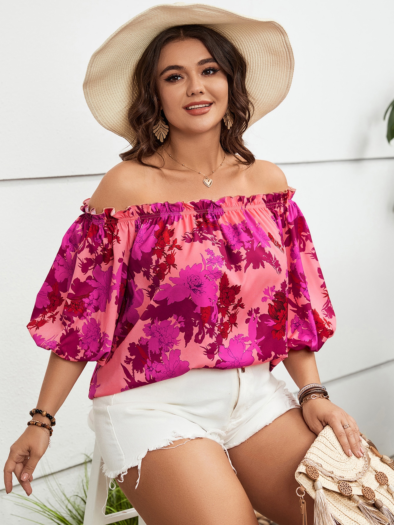 Shein Vcay Plus Floral Print Off Shoulder Frill Trim Lantern Sleeve