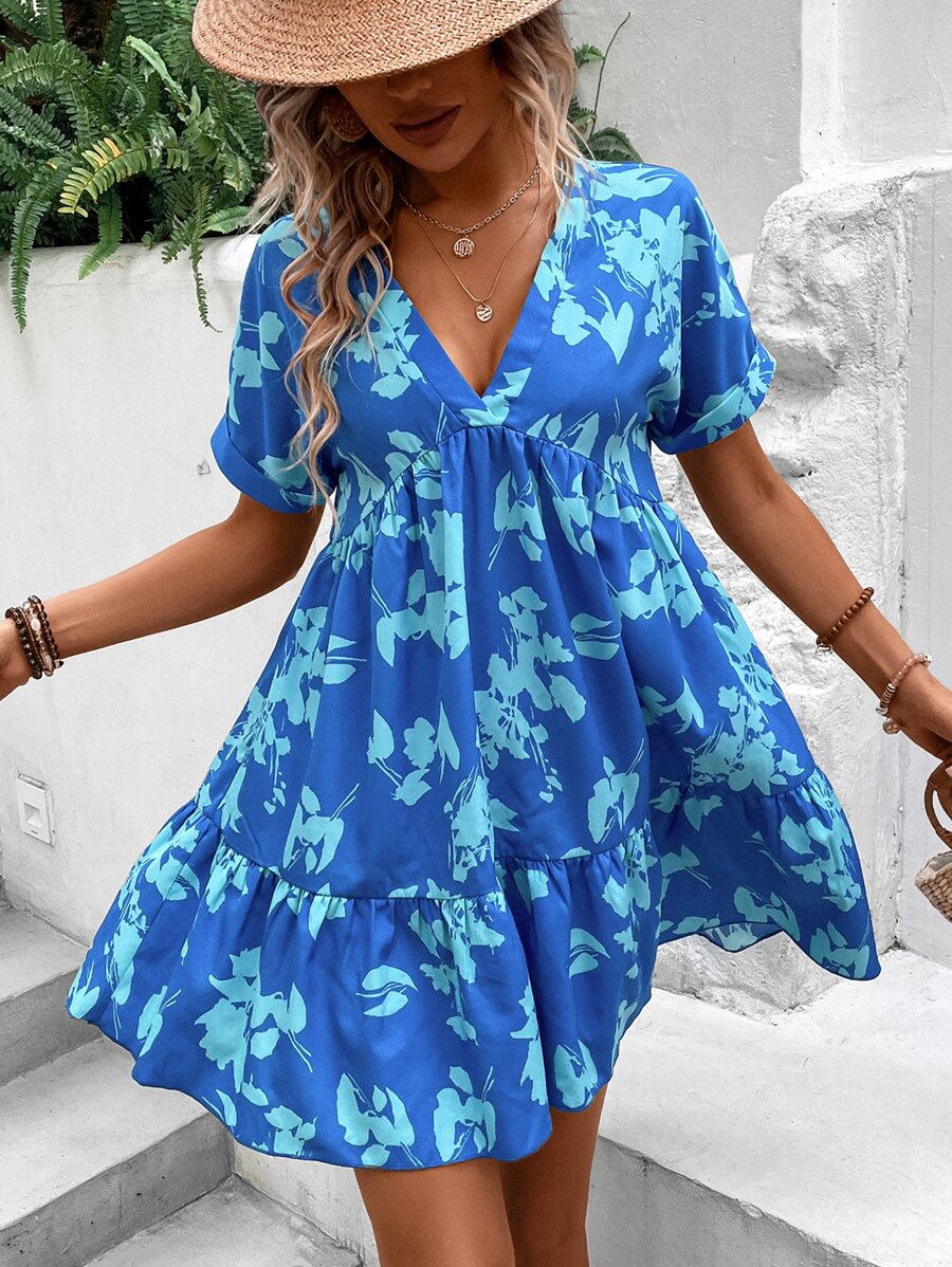 Breezaya Floral Print Batwing Sleeve Ruffle Hem Smock Dress Vacation Beach Outfits Women | SHEIN USA