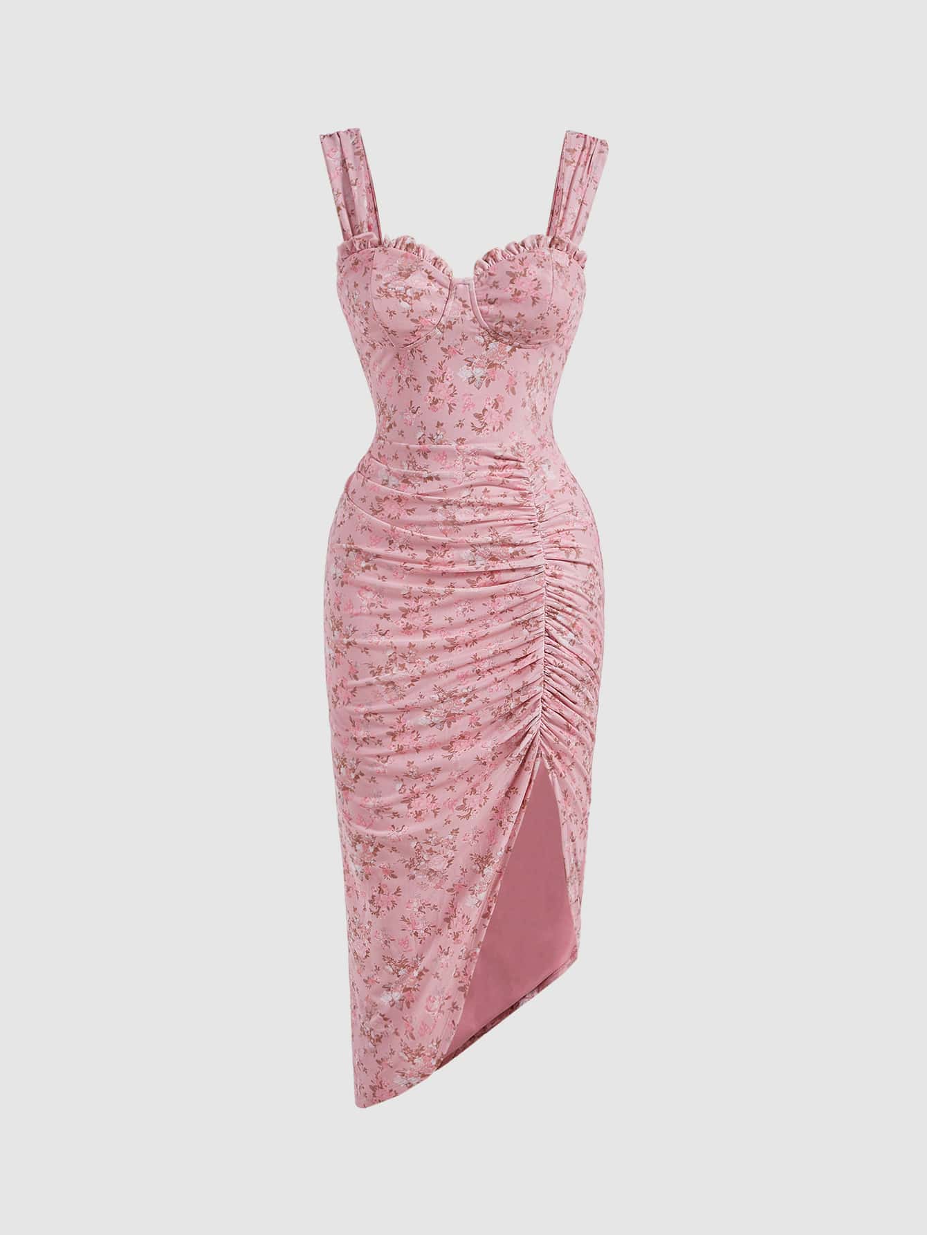 SHEIN MOD Ditsy Floral Print Ruched Split Thigh Cami Pink Floral Lotus ...