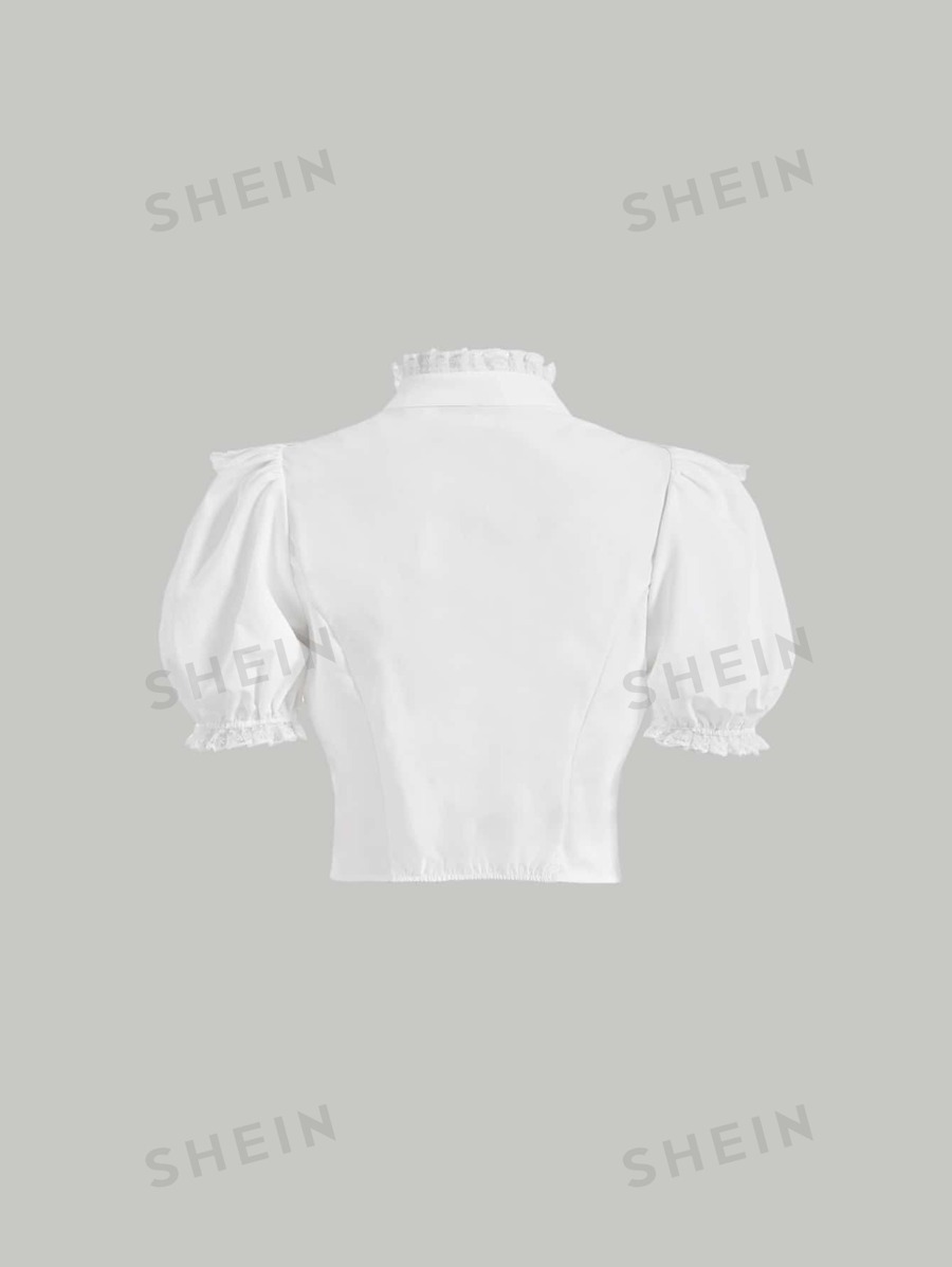 SHEIN MOD Contrast Lace Ruffle Trim Puff Sleeve Ruffle Trim Crop Shirt ...