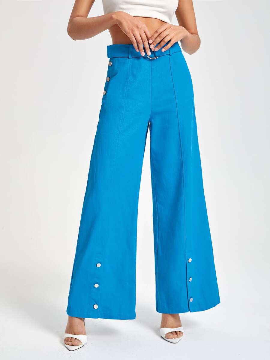 MOMI-KO High Waist Button Detail Belted Wide Leg Pants | SHEIN USA