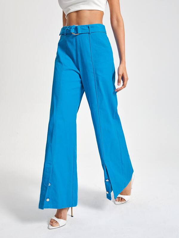Momi Ko High Waist Button Detail Belted Wide Leg Pants Shein Usa