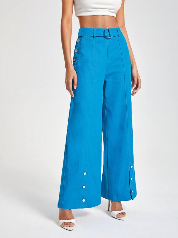 MOMI-KO High Waist Button Detail Belted Wide Leg Pants | SHEIN USA
